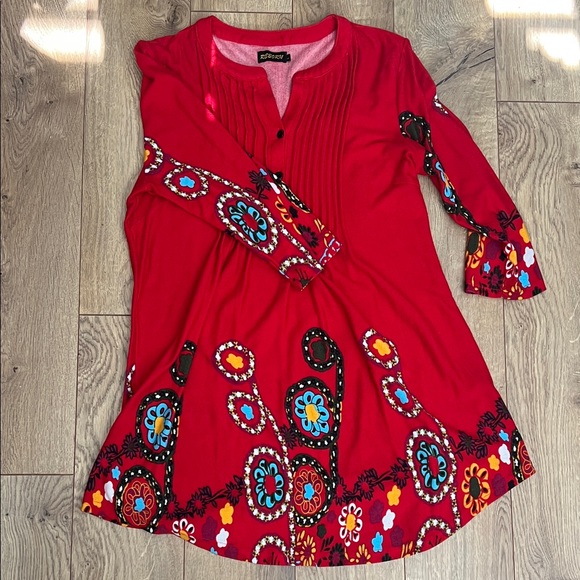 Reborn | Tops | Reborn Red Tunic With Multicolor Floral Accents | Poshmark